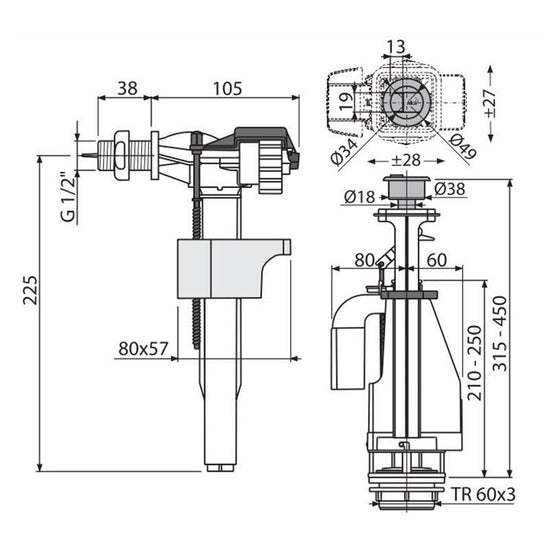1/2 Inch Fill and Flush Kit with Dual Control Button for WC Toilet Tank ...